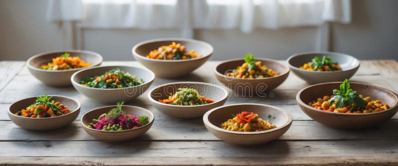 Various Dishes in Bowls on a Wooden Table Stock Image - Image of dishes ...