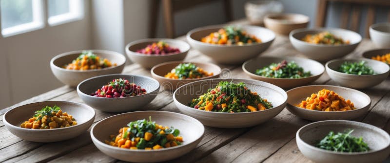 Various Dishes in Bowls on a Wooden Table. Stock Image - Image of ...