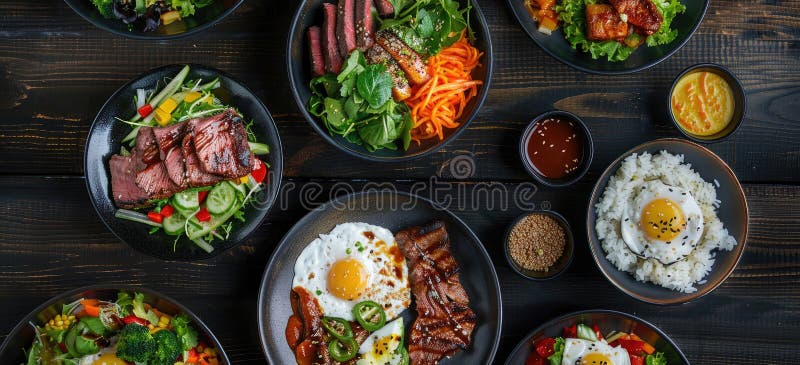 Various Dishes Featuring Different Types of Food are Displayed on the ...