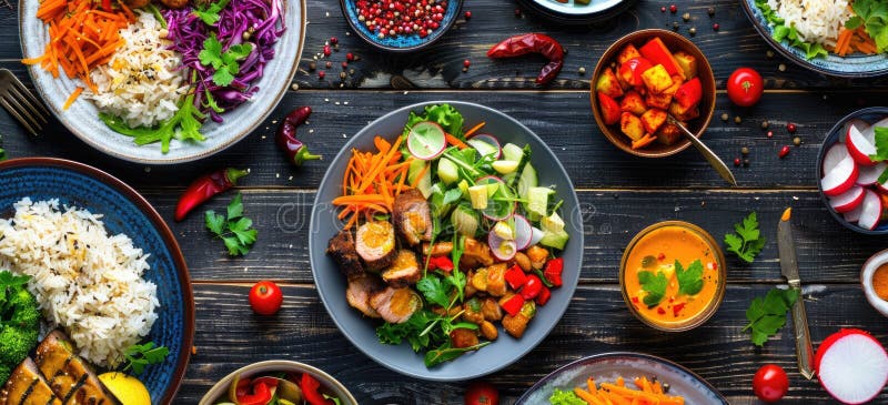 Various Dishes Featuring Different Types of Food are Displayed on the ...