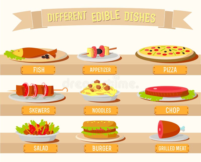 Various Dishes Icons Set Concept. Vector Stock Vector - Illustration of ...
