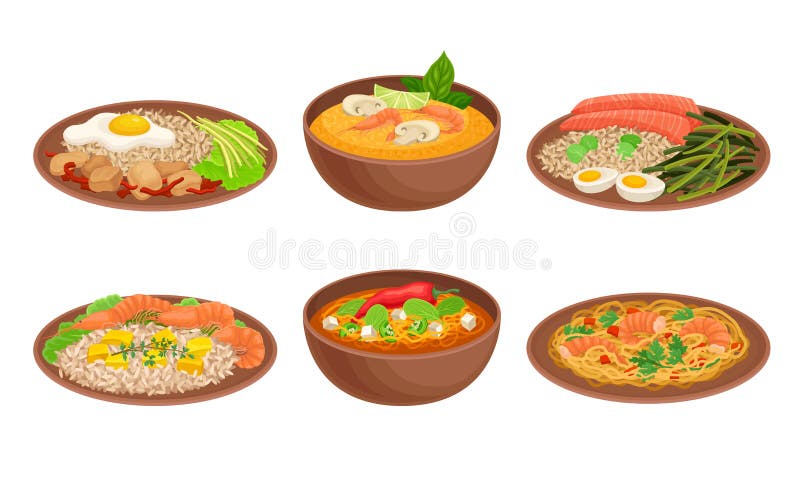 Various Dishes and Main Courses Plating with Greenery Garnishing Vector ...