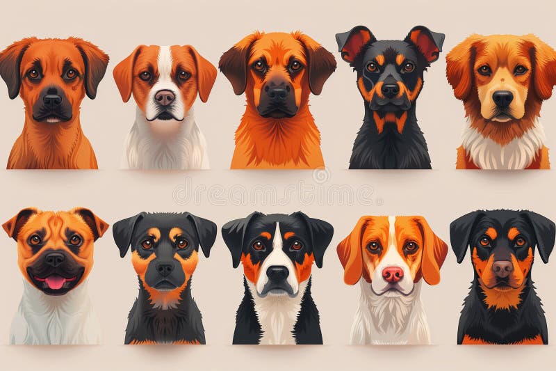 Various Dogs with Unique Facial Markings Standing Together Stock Image ...