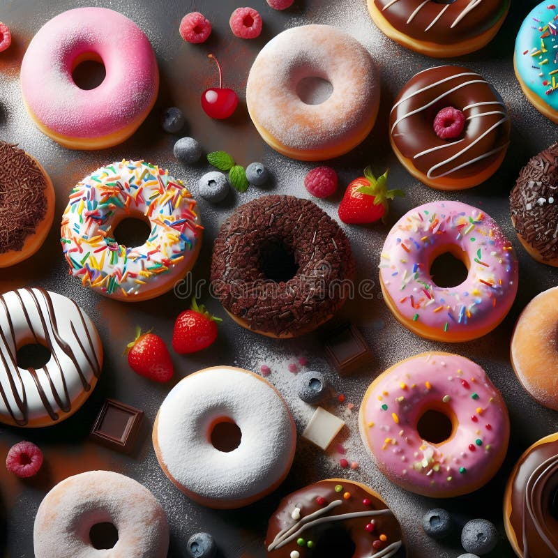 Various Donuts with Different Toppings and Icings are Arranged in an ...