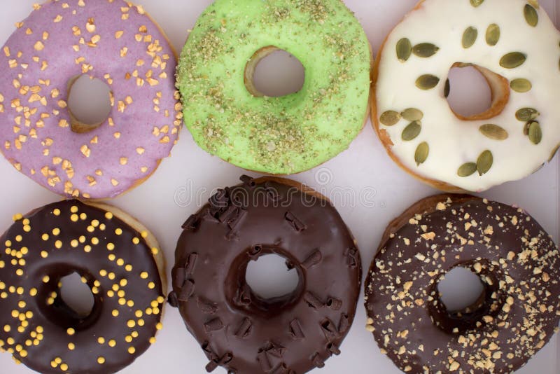 Various Donuts Lying in Box Stock Image - Image of sprinkles ...
