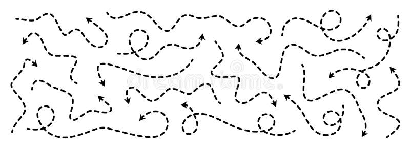 Various Dotted Thin Arrow Set. Wavy and Curved Dashed Pointer Collection. Squiggle Sketchy ...