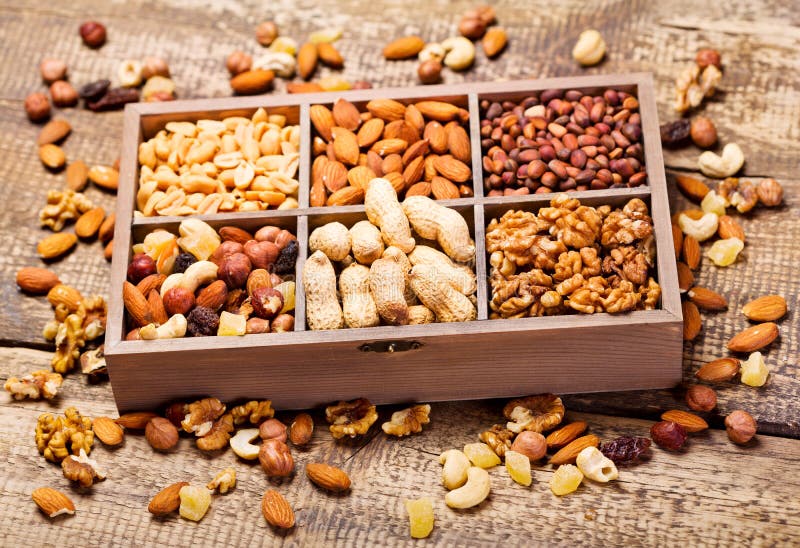 Various Dried Nuts in Wooden Box Stock Photo - Image of filbert, nuts ...