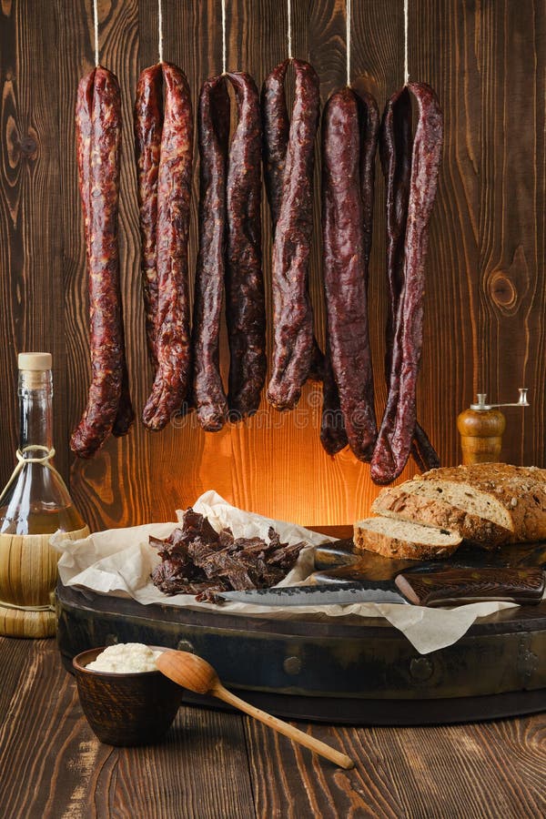 Various Dried Venison Sausages on the Rope and Jerky Venison Stock ...