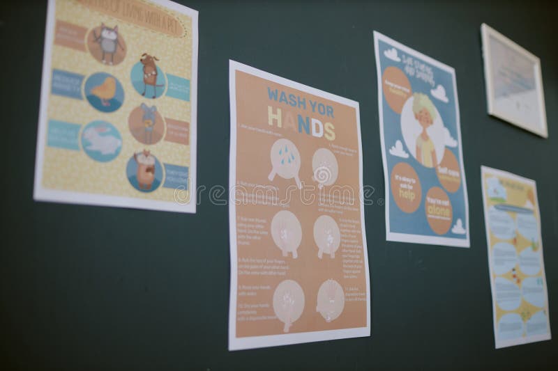 Educational Posters Showing Hand-Washing Procedures on Wall Stock Photo ...