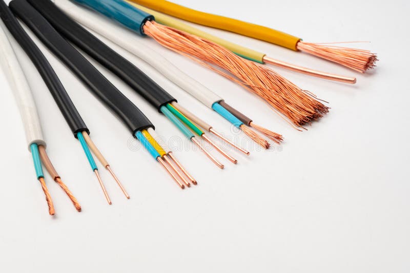 Various Electrical Wires with Exposed Copper Strands on White ...