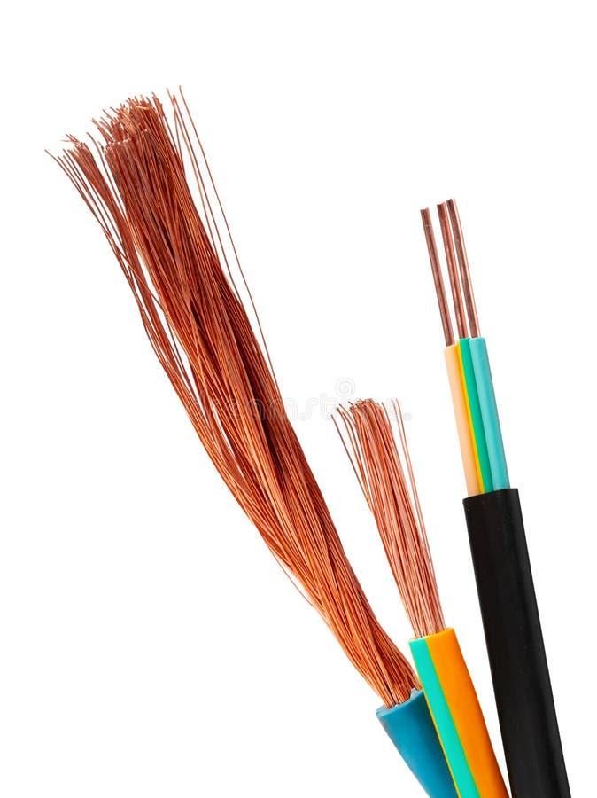 Various Electrical Wires with Exposed Copper Strands on White ...