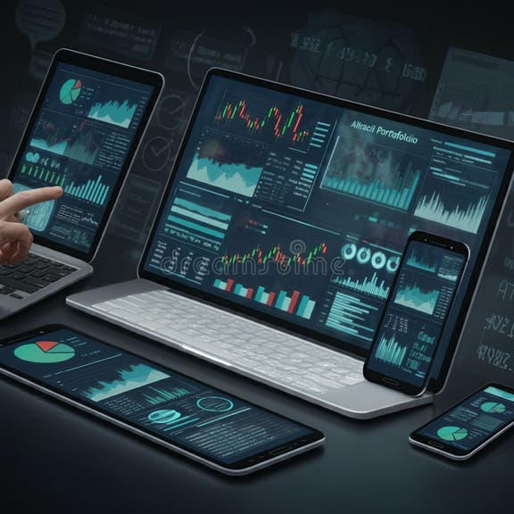 Various Electronic Devices Display Complex Data Visualizations ...