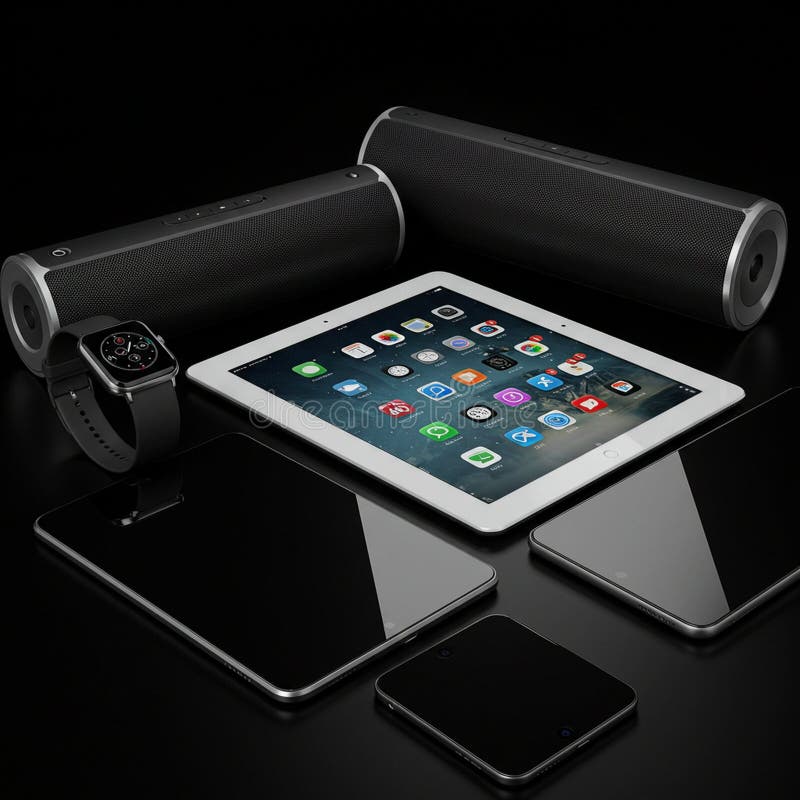 Various Electronic Gadgets are Artfully Arranged on a Black Reflective ...