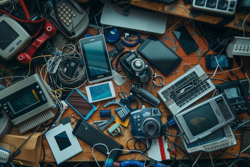 Various Electronic Gadgets in Electric Blue on a Wooden Table Stock ...