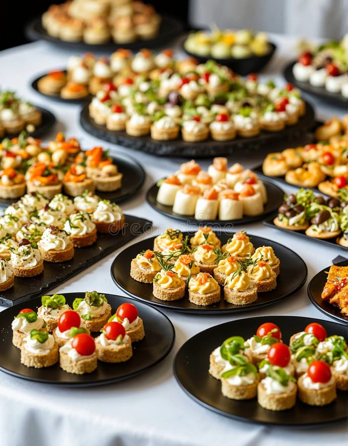 Various Elegant Appetizers Served on Plates at a Buffet with Colorful ...