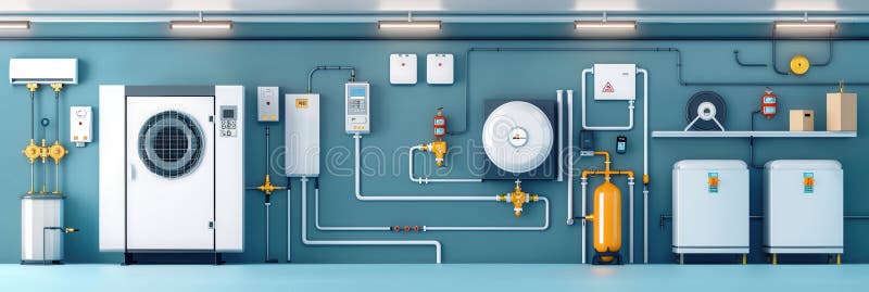 Modern Heating System Components in a Residential Basement with Gas ...