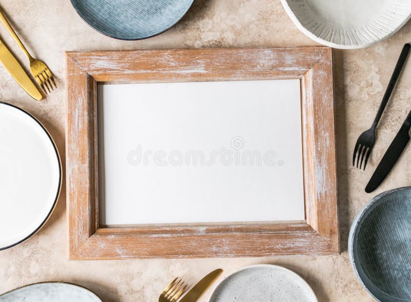 Various Empty Plates and Utensils and White Blank Sheet for Text in ...