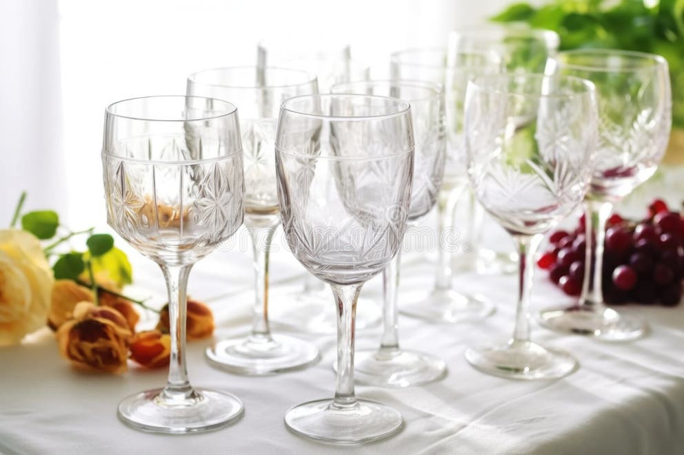 Various Engraved Wine Glasses on White Tablecloth Stock Photo - Image ...