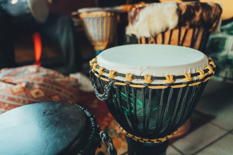 Various Ethnic Percussion Musical Instruments Djembe Drums Stock Photo ...