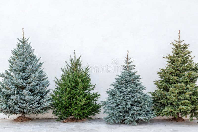 Various Evergreen Trees Stand Against a White Background, with Holiday ...