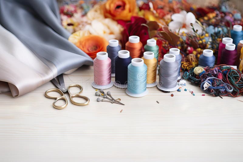 Various Fabric and Sewing Tools on the White Wooden Table Stock ...