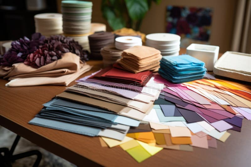 Various Fabric Swatches Spread Out on a Craft Table Stock Illustration ...