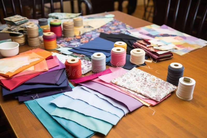 Various Fabric Swatches Spread Out on a Craft Table Stock Illustration ...