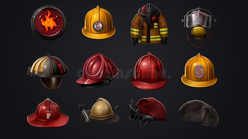 Various Firefighter Helmets and Gear Displayed Against a Dark ...