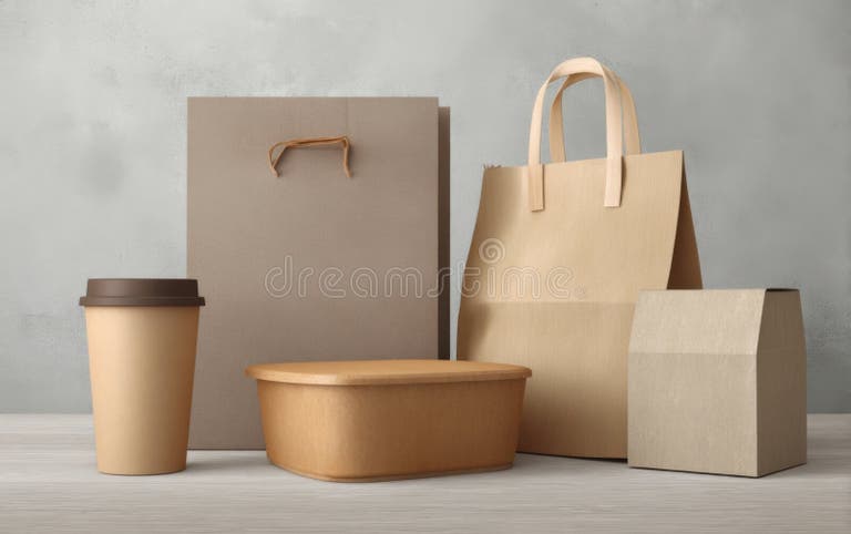 Various Food Packaging Items Arranged on a Wooden Table in a ...