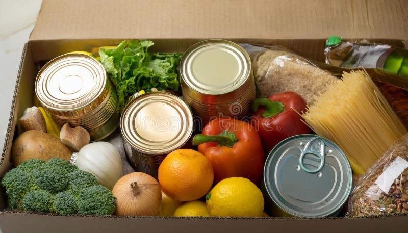 Various Foods in a Donation Cardboard Box Stock Image - Image of ...