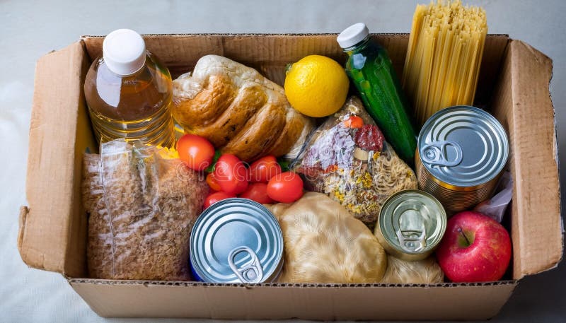 Various Foods in a Donation Cardboard Box Stock Image - Image of canned ...