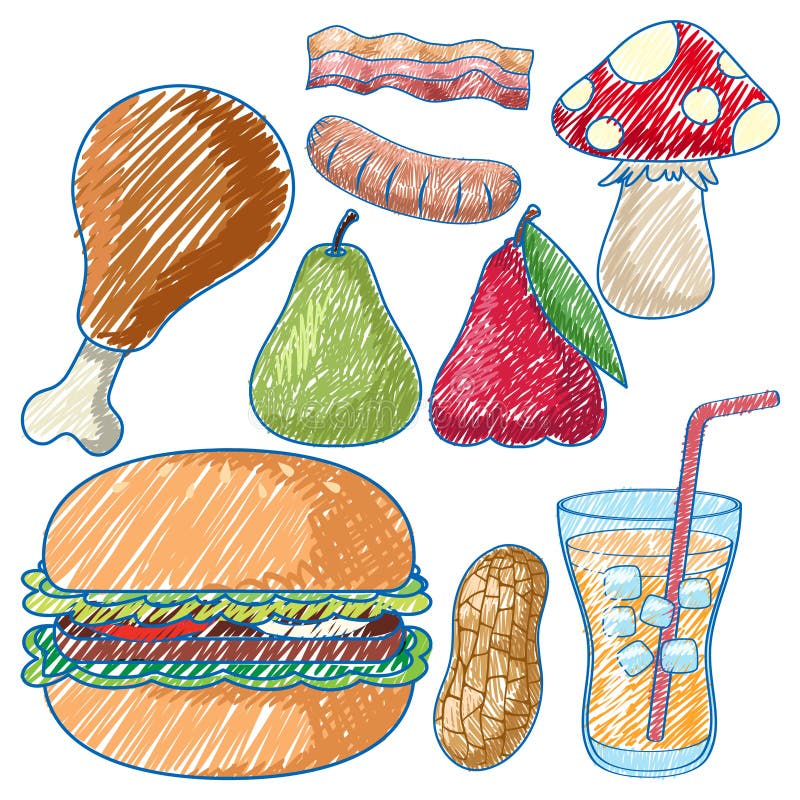 Various Foods in Pencil Colour Sketch Simple Style Stock Vector ...