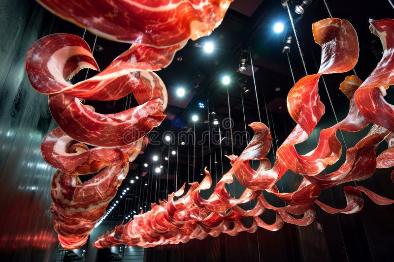 Various Foods Suspended from the Ceiling in an Avant-garde Installation ...