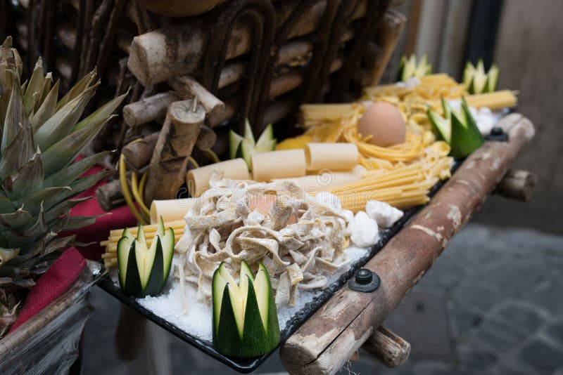 Various Forms of Pasta on an Outdoor Table Stock Image - Image of fish ...
