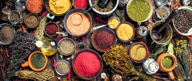 Various Fragrant Spices and Herbs. Stock Image - Image of plate ...
