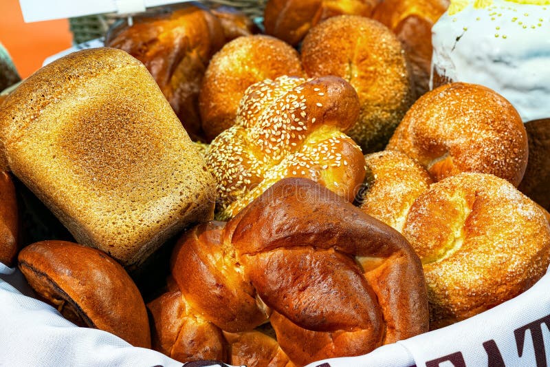 Various Fresh Baked Goods in Basket in Bakery Stock Image - Image of ...