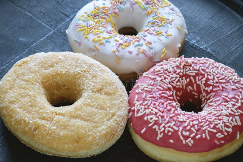 Various Fresh Donuts Landscape Side Stock Photo - Image of sweet, icing ...