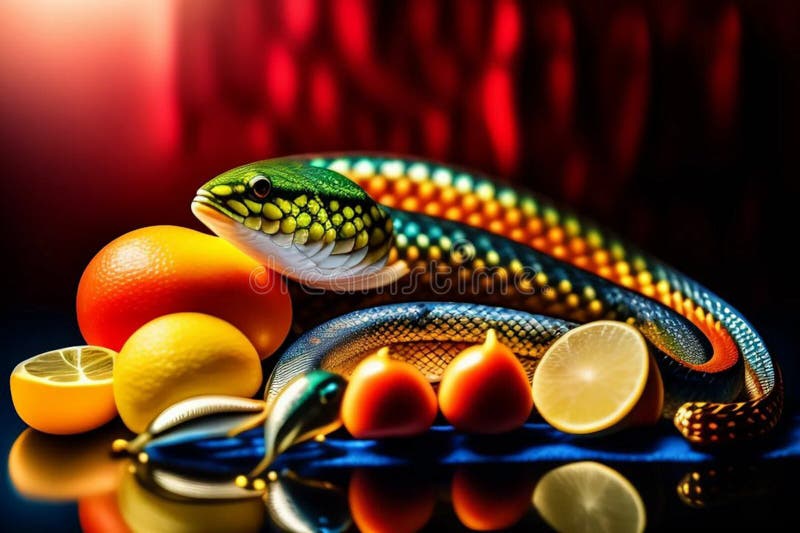 Various Fresh Fruit and Snakes in One Photo Stock Illustration ...