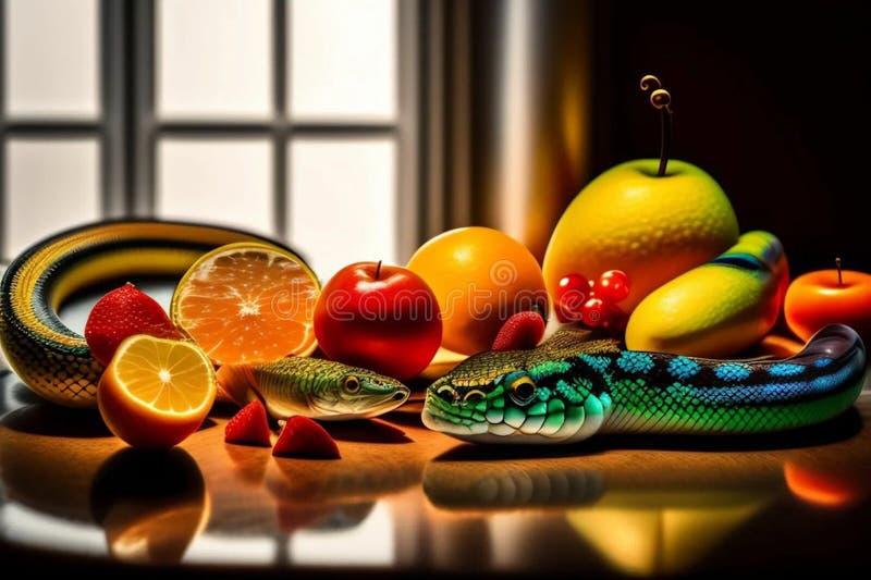 Various Fresh Fruit and Snakes in One Photo Stock Illustration ...