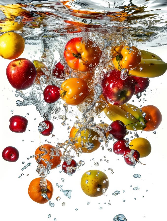 Various Fresh Fruits Diving into Water, Creating a Visually Stunning ...