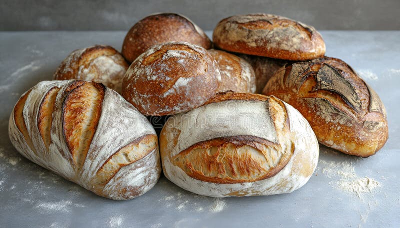 Various Freshly Baked Bread Loaves on Grey Table, Close-up Stock Image ...