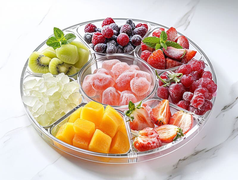Various Frozen Fruits in Five Compartment Plate on White Marble Table ...