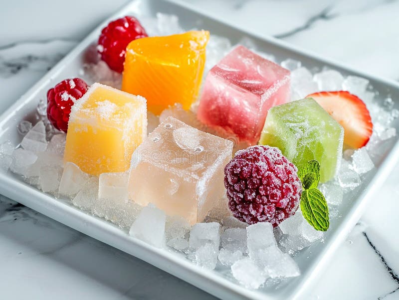 Various Frozen Fruits in Rectangular Plate on White Marble Table ...