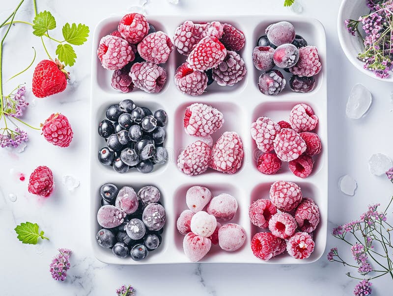 Various Frozen Fruits in Rectangular Plate on White Marble Table ...