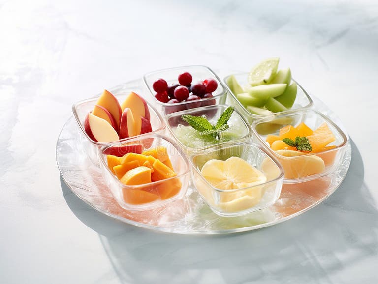 Various Frozen Fruits in Rectangular Plate on White Marble Table ...