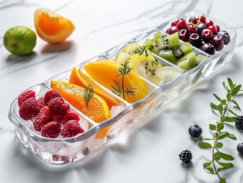Various Frozen Fruits in Rectangular Plate on White Marble Table ...