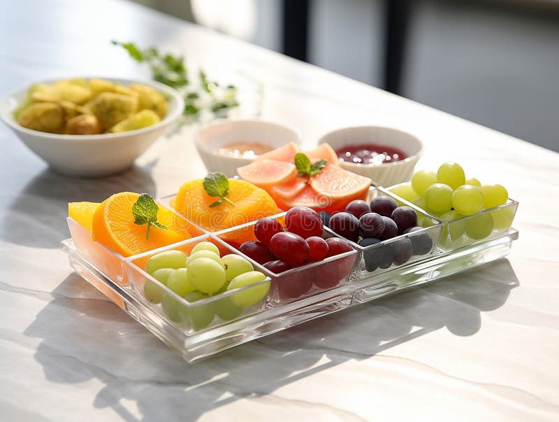 Various Frozen Fruits in Rectangular Plate on White Marble Table ...