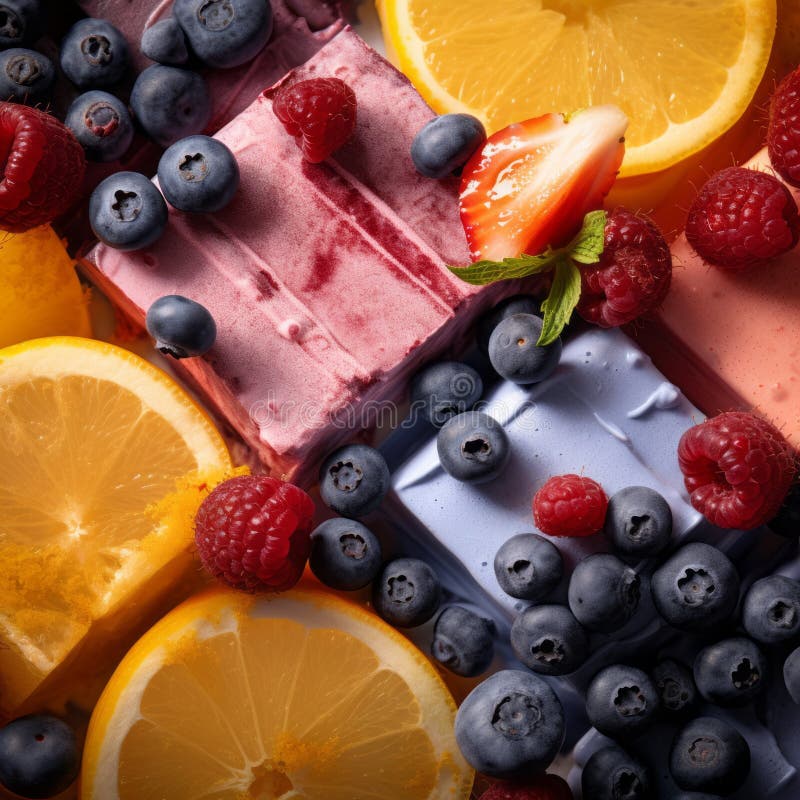 Various Fruit and Ice Cream Bars are Arranged on Top of Each Other ...