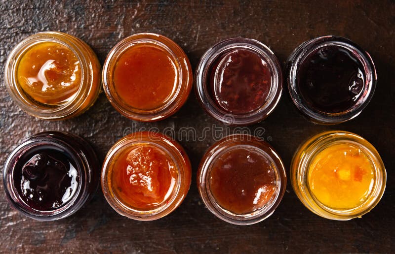 Various Fruit Jams in Jars Top View Stock Image - Image of dessert ...
