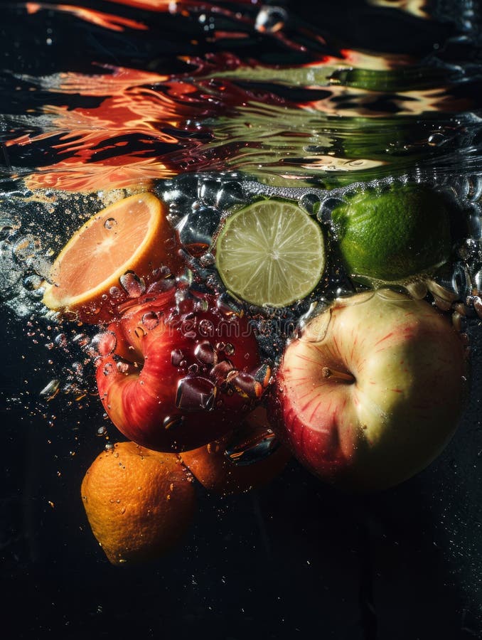 Various Fruits Float in Water, Partially Submerged with Reflections on ...